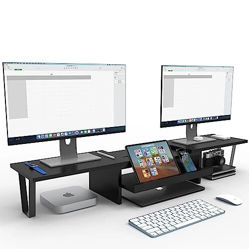 LARGE DUAL MONITOR Stand Riser with DrawerSolid Wood Desk Shelf with ...