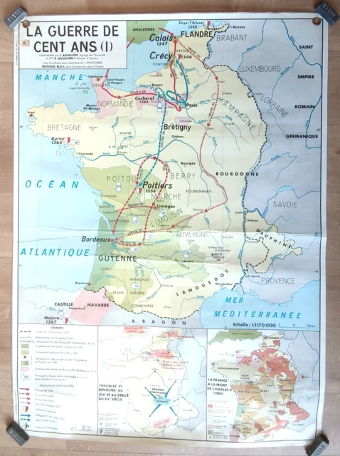 AFFICHE SCOLAIRE LA FRANCE LA GUERRE DE CENT ANS 92x125cm Ed MDI 1968 ...