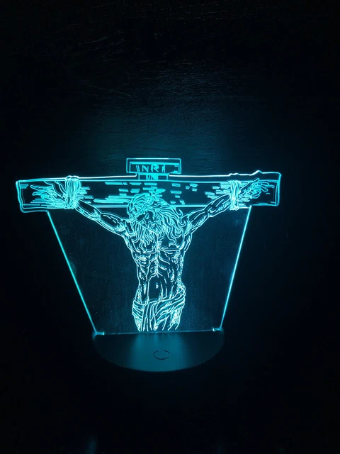 JESUS ON CROSS CRUCIFIX 3D Acrylic LED 7 Colour Night Light Touch Table ...