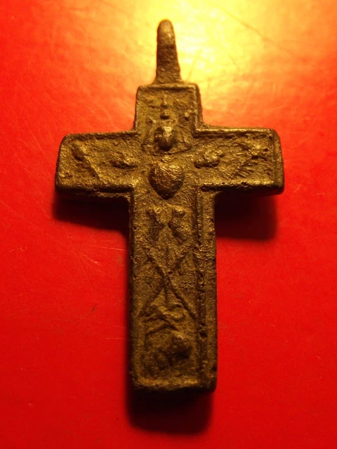 ANTIQUE IHS JESUS Christ Sacred Heart 19th Poland Brass Cross Christian ...