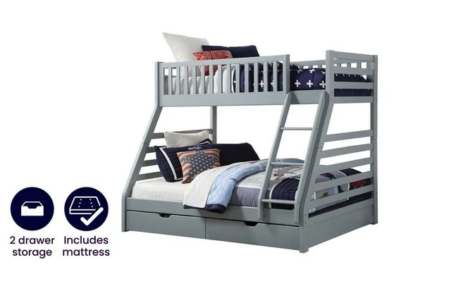 DFS DUAL KIDS Grey Storage Bunk Bed Set with Double & Single Mattress ...