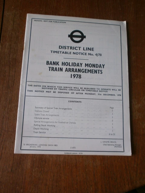 LONDON TRANSPORT UNDERGROUND Staff Timetable-District Line Bank ...
