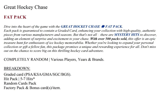 GREAT HOCKEY CHASE 💥 FAT PACK 💥 Guaranteed Graded + MYSTERY HITS 🔥 500 ...