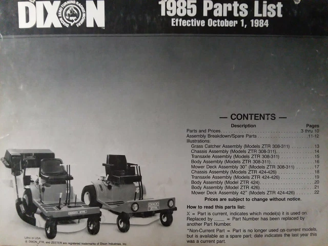 DIXON ZTR ZERO-TURN Riding Lawn Mower Tractor 1985 Parts Catalog Manual ...