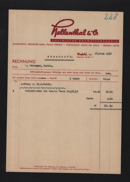 KREFELD, RECHNUNG 1938, Hellenthal & Co. Rheinische Krawatten-Fabrik ...