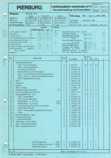 DATENBLATT EINSTELLDATEN PIERBURG 2E3 Vergaser - VW Bus LKW Typ2 1.9 ...