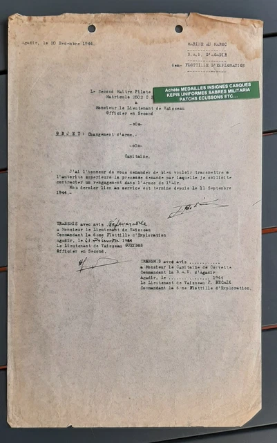 WW2 DOCUMENT FNFL Aéronavale Flottille 6FE BAN Agadir France Libre ...