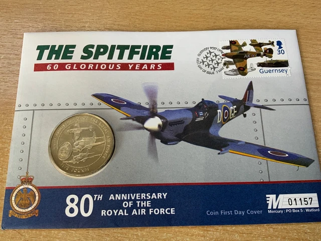 SPITFIRE 80TH ANNIVERSARY RAF Guernsey BU £5 1998 Coin Cover PNC no ...