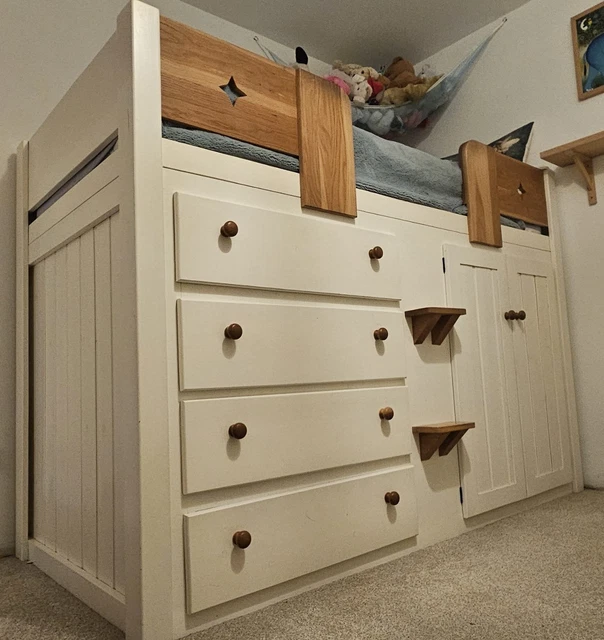 4 DRAWER KIDS Cabin Bed with Solid Oak Rail & Steps, with wardrobe and ...