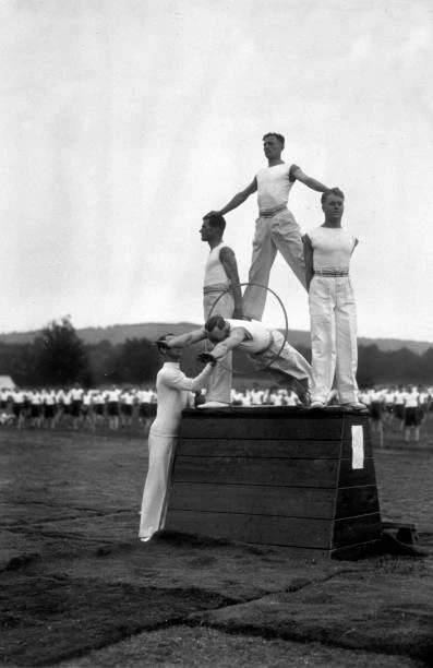 RAF DIVING THROUGH hoop, during rehearsals Empire Air Day physical ...