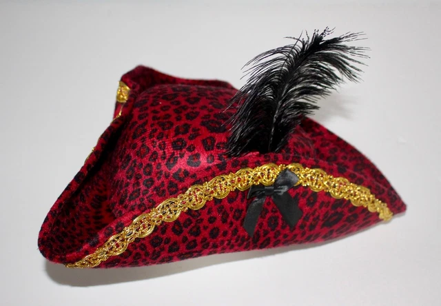 ADULT MAROON RED Tricorn Pirate Hat Gold Trim Black Leopard Print Bow ...