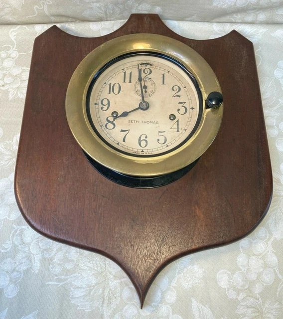 VTG SETH THOMAS Double Spring Railroad or Ship's Wall Clock on Wood ...