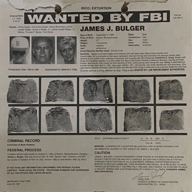 INFAMOUS FBI WANTED Poster - James Whitey Bulger - On Top Ten List for ...