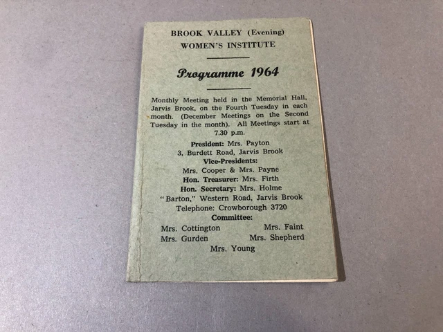BROOK VALLEY WOMEN'S INSTITUTE 1964 list of meetings etc East Sussex £2 ...