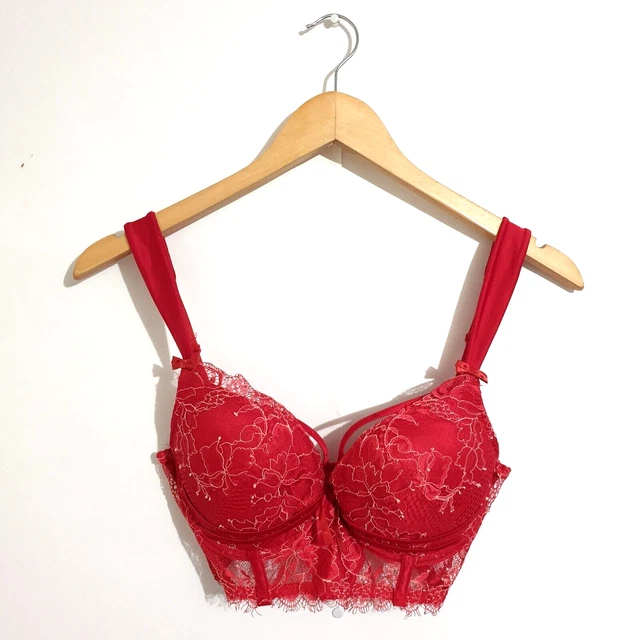 HONEY BIRDETTE BRA Sz 10DD Red Lace Mesh Boned Push Up Wired Adjustable ...