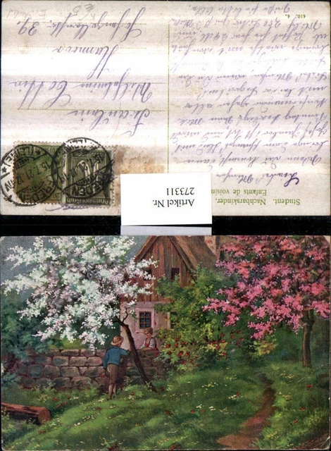 273311,KÜNSTLER AK E. Student Nachbarskinder Steinmauer Haus Baumblüte EUR 2,50 - PicClick FR