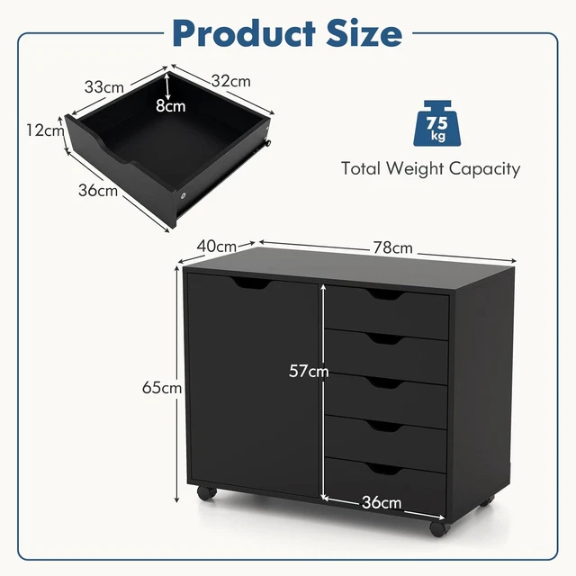 5-DRAWER MOBILE SIDE Cabinet with Wheels, Lateral Filing Organizer ...