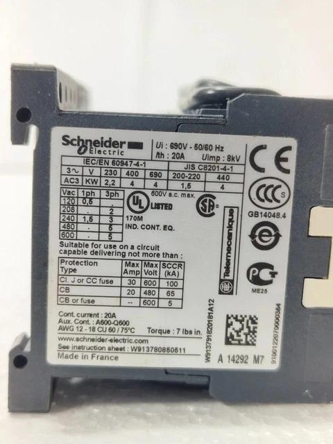 SCHNEIDER REVERSIBLE CONTACTOR LC2K0910M7 220-230V 50/60Hz 3 Poles ...