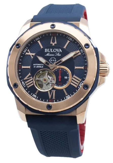 BULOVA MARINE STAR Blue Skeleton Dial Automatic Analog 98A227 200M Mens ...
