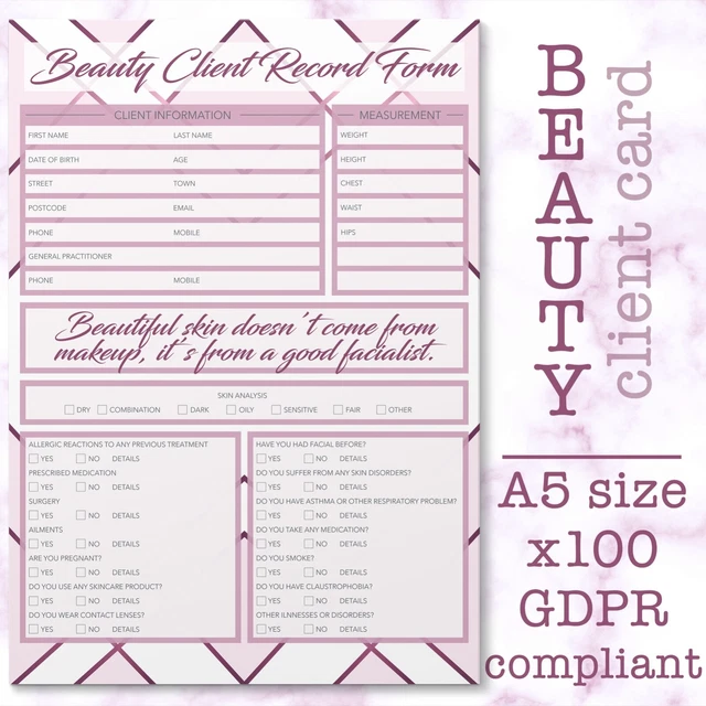 BEAUTY CLIENT RECORD Card Form PREMIUM Treatment Consultation A5 GDPR ...