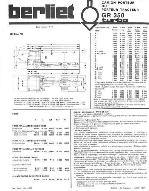 BERLIET / FICHE TECHNIQUE / CAMION ou TRACTEUR GR 350 TURBO de 10 / ...
