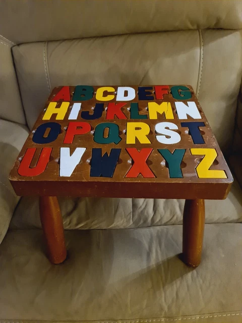 VINTAGE ALPHABET PUZZLE Table Wooden Handmade Letters Shapes Toy Retro ...