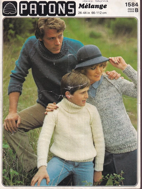 PATONS 1584 ORIGINAL Family Knitting Pattern Polo/V Neck Raglan Sweater ...