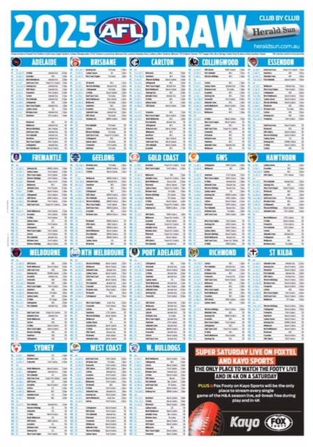 LAMINATED 2025 AFL Football All Teams Match Fixture Draws Poster, Lions ...