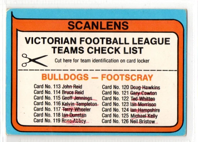 1980 AFL VFL Scanlens Football Card - Checklist (Footscray) $5.00 ...