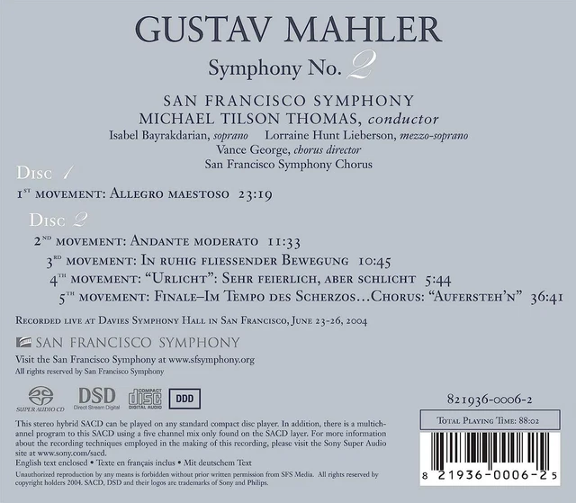 GUSTAV MAHLER SYMPHONY No. 2 'Resurrection' (Tilson Thomas) (CD) Album EUR 20,72 - PicClick FR