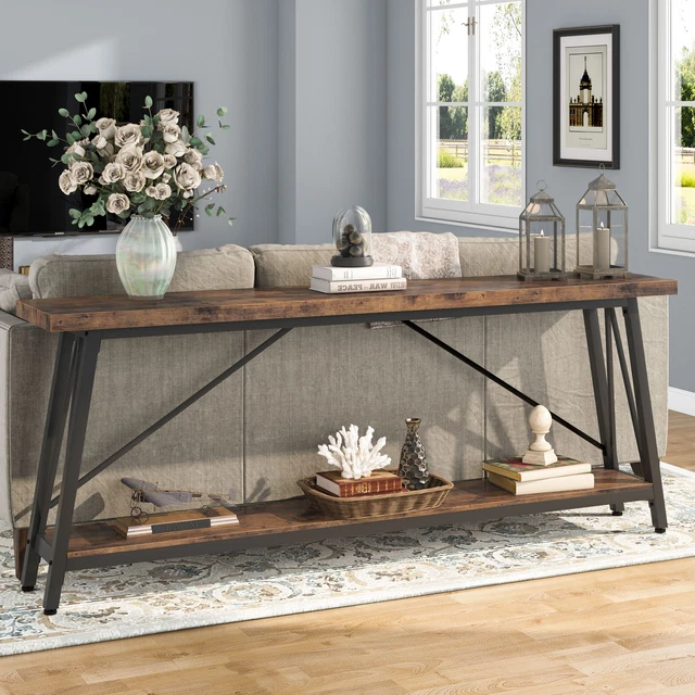 2-TIER LONG NARROW Safa Table with Storage, Wood Console Table Entryway ...