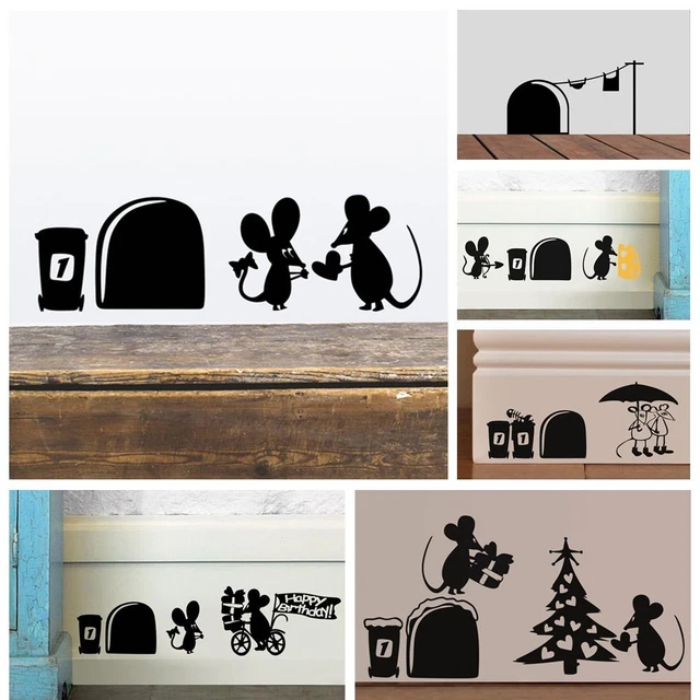 DIY SKIRTING DECAL Cartoon Mousehole Black Mice Pattern Wall Stickers ...
