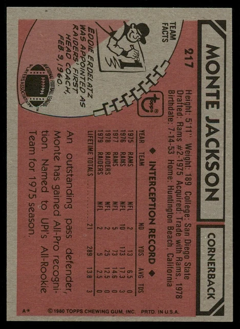 1980 TOPPS C Monte Jackson #217 NM-MT ou mieux Sharp Oakland Raiders ...