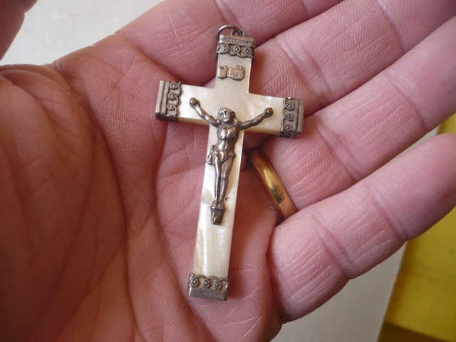 GRANDE CROIX ANCIENNE argent massif et nacre 6,1 cm de long EUR 7,50 - PicClick FR