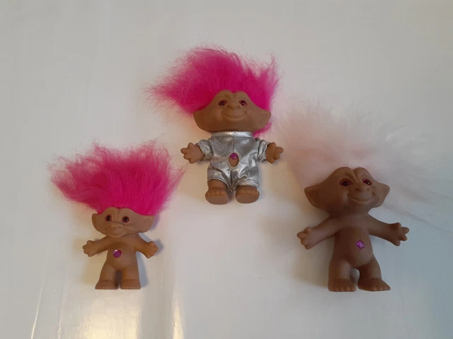 2 TROLL DOLLS 4" Ace Novelty Treasure Troll Pink dress and PJ's belly ...