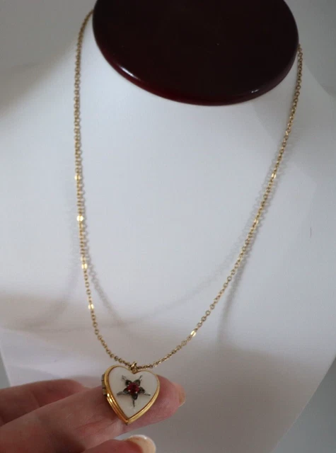VINTAGE C1950S 10K Gold Filled Mother Of Pearl Red Stone Locket Chain B ...