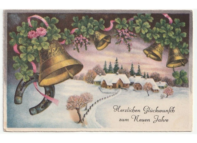 CAMPANE QUADRIFOGLI FERRO cavallo paese innevato antica cartolina natalizia EUR 5,00 - PicClick FR