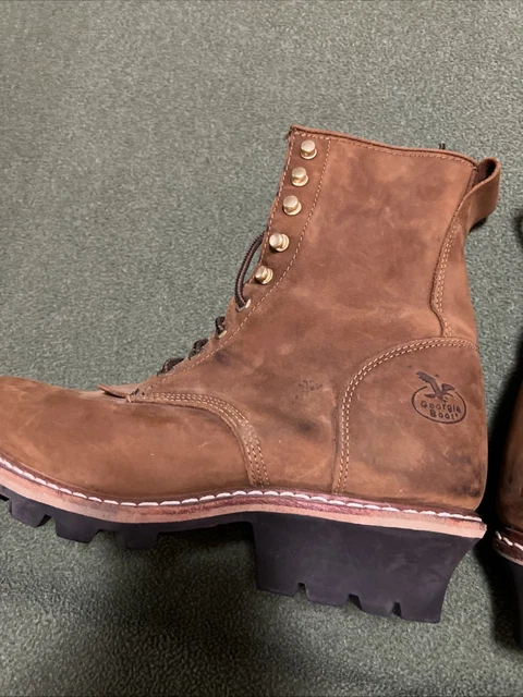 GEORGIA BOOTS PLAIN Toe Leather Lace-Up 8” Logger Roper Boots Mens US ...