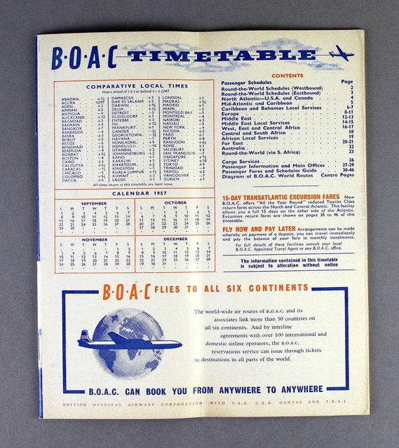 BOAC AIRLINE TIMETABLE September 1957 B.o.a.c. Route Map £39.95 ...