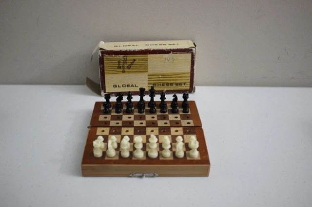 VINTAGE GLOBAL CHESS set, mini folding travel peg wooden chess board £ ...