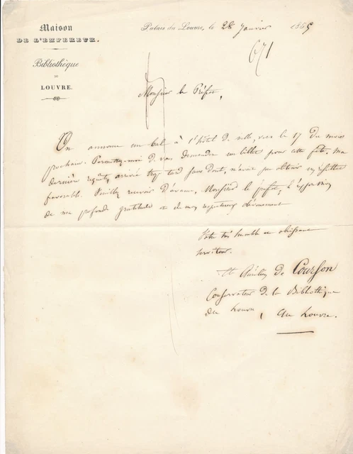 AURÉLIEN DE COURSON lettre signée une entrée pour un bal à l'hôtel de ...