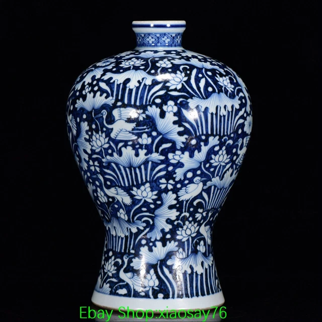 11''MING DYNASTY BLUE White Porcelain Crane Birds Flower Pattern Bottle ...