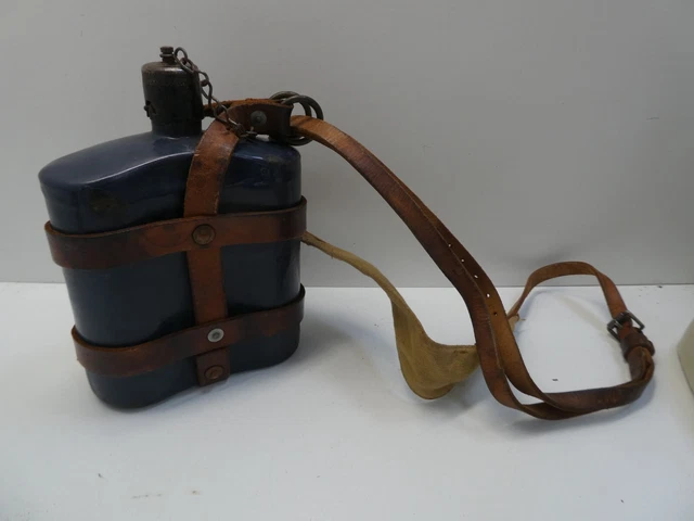 WW1 STYLE SOLDIERS Water Bottle Flask Blue Enamel Leather Carry Strap ...