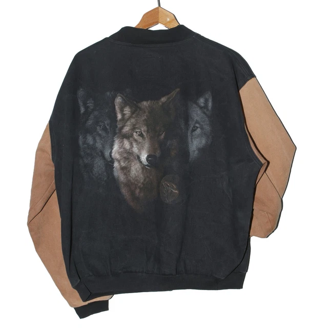 VINTAGE HARLEQUIN NG WOLF Jacket 90s Denim Varsity Style Coat 3 Wolves ...