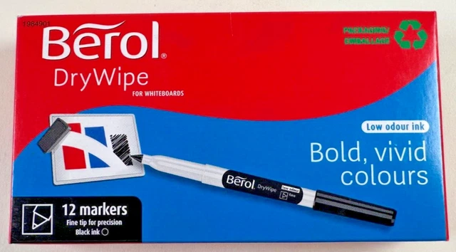 BEROL DRY WIPE White Board Marker Fine Tip Black Ink Pack of 12 £5.99 ...