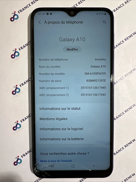 SMARTPHONE SAMSUNG GALAXY A10 SM-A105F/DS 32 Go VITRE ECRAN FISSUREE ...