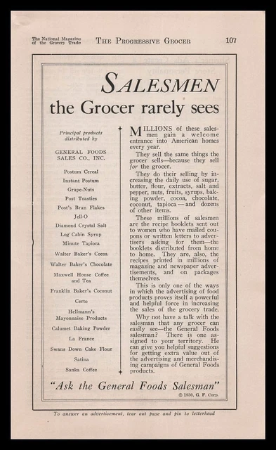 1930 GENERAL FOODS Sales Co. "Salesman The Grocer Rarely Sees" Vintage ...
