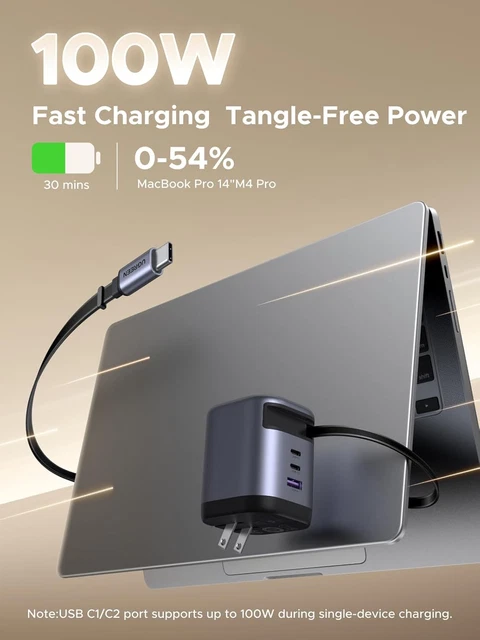 UGREEN 100W GAN USB C Wall Charger Retractable Cable Fast Charging 3 ...