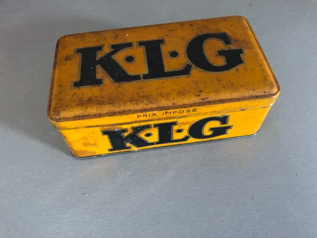BOITE MÉTAL ANCIENNE KLG jaune, garage publicité loft vintage EUR 10,00 ...