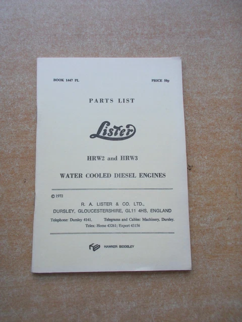 LISTER HRW2 AND HRW3 Water Cooled Diesel Engines Parts List Book No ...